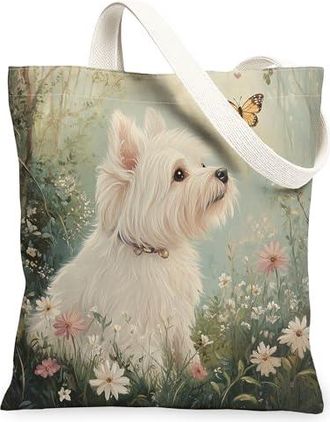 Generic Spring Westie Sac fourre-tout en toile pour faire du shopping 33 x 38,1 cm, sac d&eacute;picerie r&eacute;utilisable pour femme, animal de compagnie, peinture, d&eacute;co