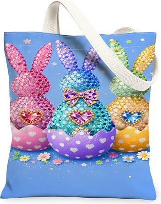 Generic Sacs fourre-tout en toile de lapin de P&acirc;ques, sacs &agrave; provisions r&eacute;utilisables, bandouli&egrave;re lavable l&eacute;g&egrave;re et lavable Ca, bleu, 13x15 Inch