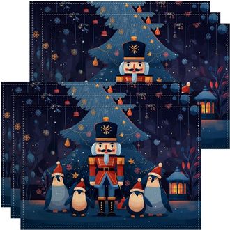 Generic Winter Weihnachten Nussknacker Pinguine Tischsets Blau Festliche Tischsets f&uuml;r Urlaub Essen Rutschfest Waschbar Indoor Outdoor Dekoratives Tischset 6 