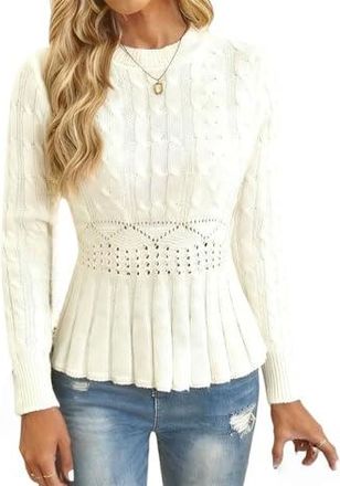 Generic Pull p&eacute;plum pour femme en tricot torsad&eacute;, d&eacute;contract&eacute;, col rond, coupe ajust&eacute;e, pull &agrave; volants en tricot torsad&eacute;, blanc, XXL-6XL