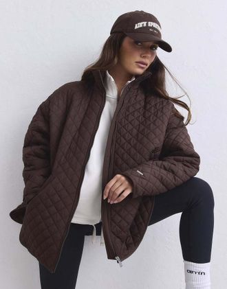 Aim'n schokoladenbraune Oversize-Stehkragen-Steppjacke in Schokobraun