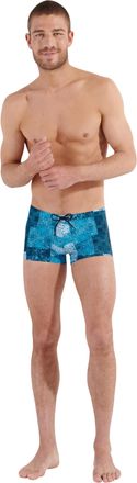 HOM Herren Pierce Swim Boxer Badehose, Blauer Patchwork-Druck, S 7-9