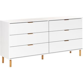 Beliani Commode avec 6 Tiroirs en Bois dIng&eacute;nierie Poign&eacute;es Dor&eacute;es Pieds en Bois Massif Meubles de Salon Blanche Walpole