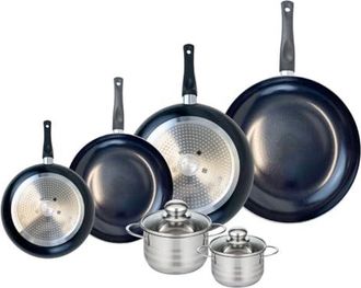 Fackelmann ELO 9753250 Batterie de cuisine 6 pièces, Ensemble de 4 Poêles de cuisson 20, 24, 28 et 32 cm et 2 faitouts 12 et 14 cm Elo Prima Brillant, inox, indu