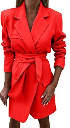 Generic Vestes d&eacute;contract&eacute;es pour femmes 2026 &agrave; nouer &agrave; la taille, ample, couleur unie, Rouge, XL