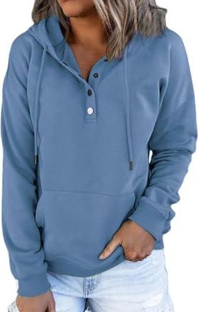 Generic Sweat-shirt surdimensionn&eacute; pour femme, sweat &agrave; capuche pour femme, pull dautomne, chandail d&eacute;contract&eacute; &agrave; manches longues avec boutons, bleu, XXL