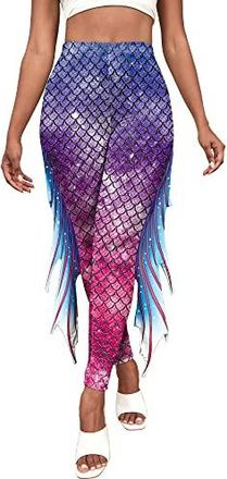 Feoya Legging Sirène Femme Échelle Brillante avec Palmes Pantalon Crayon Hanche Push Up pour Carnaval Halloween Fête A1 M