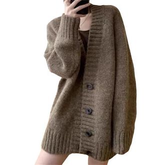 Generic Cardigan en tricot uni pour femme - Col en V - Simple boutonnage - &Eacute;l&eacute;gant et d&eacute;contract&eacute; - Pour lhiver, Brun, taille unique