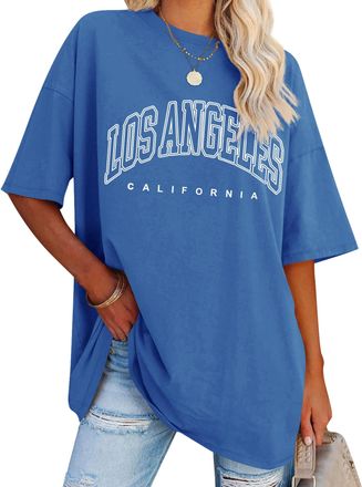Dresswel Oversized T Shirt Damen Los Angeles California Brief drucken Vintage T-Shirt Kurzarm Rundhals Sommer Oberteile Lose Bluse Lang Tunika Top f&uuml;r Teenager