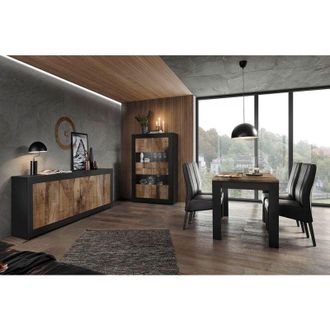 Altobuy OTELLO - Ensemble Séjour avec Buffet 4 Portes Finition Noir Mat et Aspect Bois Antik