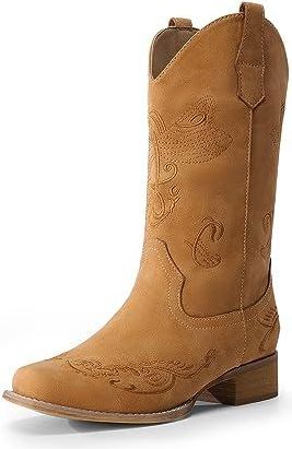 Dream Pairs Bottes de cowboy mi-mollet pour femme - Broderie cousue - Bout carr&eacute;, peau, 38 EU