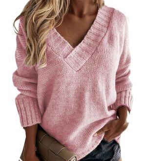 Generic Pull dautomne surdimensionn&eacute; d&eacute;contract&eacute; et intemporel &agrave; col en V pour femme - Pull &eacute;pais &agrave; manches longues - Pull c&ocirc;tel&eacute; pour lhiver, rose, XXL