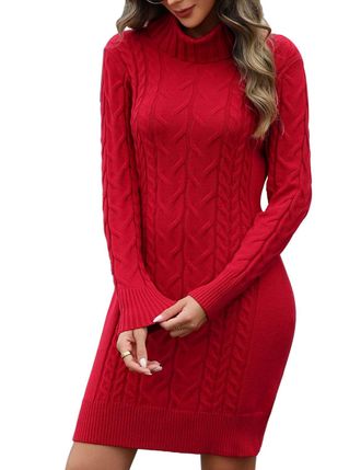 Heekpek Strickkleid Damen Herbst Winter Rollkragen Pulloverkleid Langarm Strickkleider Elegant Bodycon Kleid Zopfmuster Warme Winterkleider, Burgund, XL