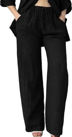 Generic Pantalon Fluide Femme,Womens Daily Elastic Waist Pockets Straight Solid Color Casual Pants Loose Long Trousers Short Boxe Fille (Black, XXXXXL)