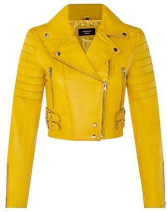 Infinity Leather Veste Courte Pour Dames Jaune Body Court Top Gothique Chic Motard Veste en Cuir V&eacute;ritable S