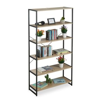 Relaxdays Standregal Industrial, hohes B&uuml;cherregal, offenes Design mit 6 F&auml;chern, HBT 180x95x35 cm, aus PB/Metall, braun
