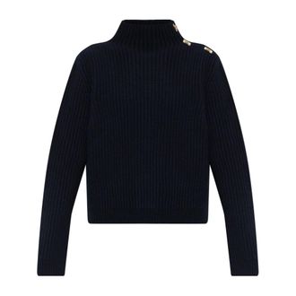 Ferragamo Femme, Pulls, Bleu, Taille: 38 FR Pull &agrave; col roul&eacute; avec fermoir d&eacute;coratif &agrave; l&eacute;paule
