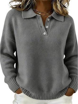 Generic Pull classique boutonn&eacute; &agrave; col en V pour femme - Col en V - Automne et hiver - Pull tricot&eacute; &agrave; manches longues, gris, 5XL