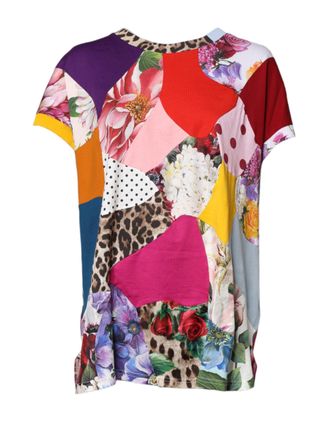 Dolce & Gabbana Womens Multicolor Patchwork Short Sleeve Blouse Top Cotton Silk