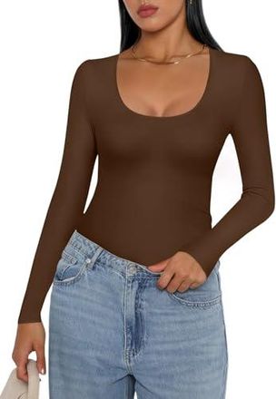 Ekouaer T-Shirt Thermique Femme Chaud Automne col Rond Haut Thermique Femme Brun XXL