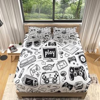 Generic Housse Matelas 160x200 Symboles du Jeu Doodle Manette De Jeu Drap Housse Bonnet 30cm, Microfibre Housse de lit pour Housse Sommier, Linge de lit et Or