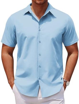 Coofandy Chemise à Manches Courtes pour Hommes Été Chemise daffaires Décontractées Coupe Régulière Boutonnée Chemises Habillée Formelle Bleu Clair XL