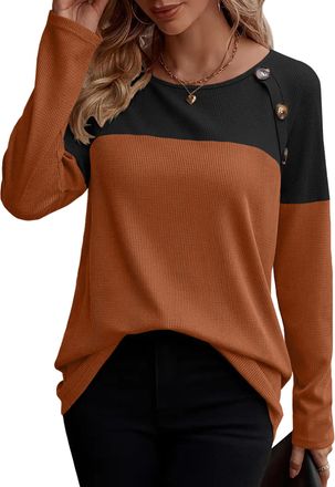 Zeagoo Langarmshirt Damen Tshirt Casual Rundhals Farbblock Shirts Herbst Langarm Kn&ouml;pfe Oberteile Leichte Strick Elegant Sweatshirt Karamell XXL