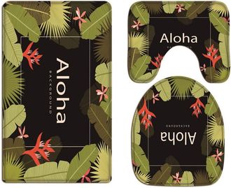 A.Monamour Badezimmer Badematte 3 Teilig Set Aloha Stammes- Kunst Der Tropischen Palmblattblume des Schwarzen Hintergrundes Flanell Saugf&auml;hig Badteppiche Badvorl