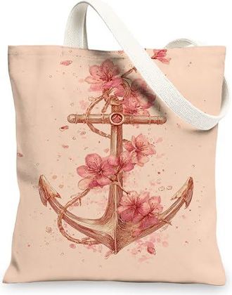 Generic Sacs fourre-tout vintage en toile artistique, motif ancres florales, sacs de courses réutilisables, légers et lavables avec bandoulière, pêche, 13x15 