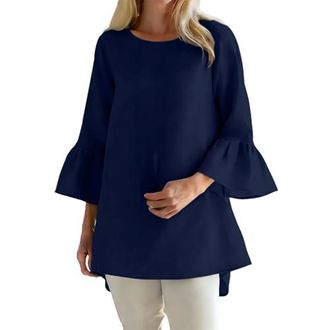 Generic Chemisier &agrave; volants &agrave; manches 3/4 pour femme Col rond Business Casual Chemisiers Chemises Printemps &Eacute;t&eacute; Tenue quotidienne, noir fonc&eacute;, XXL