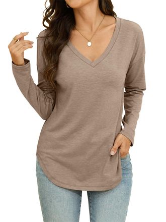 Onsoyours Damen V-Ausschnitt Tshirt Langarm Pullover Herbst Winter Oberteile Casual Longshirt Basic Tops A Khaki XL