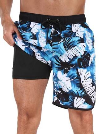 Feoya Maillot de bain pour homme avec doublure de compression - Séchage rapide - Short de bain 2 en 1 avec poches à cordon de serrage - Taille élastique, Fe