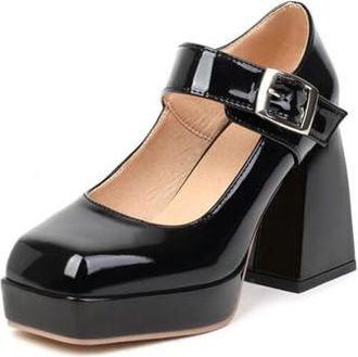 Generic Femmes Bout Carré Cuir Verni Escarpins De Robe Bride À La Cheville Mary Janes avec Boucle Talons Bloc Hauts Escarpins À Plateforme,Noir,41.5 EU