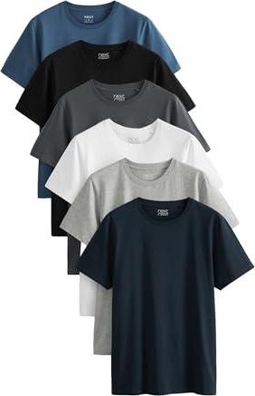 Next Homme T-Shirt en Coton Essential Coupe Standard, Lot de 6 Noir/Ardoise/Gris Marl/Blanc/Marine/Bleu 3XL