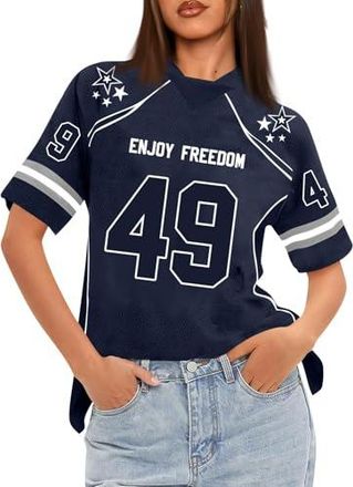 Generic T-Shirts Oversize pour Femmes en Jersey Ample avec imprim&eacute; Graphique Y2K et num&eacute;ro imprim&eacute;, &eacute;paules Tombantes, Style Streetwear. 03-Marine M