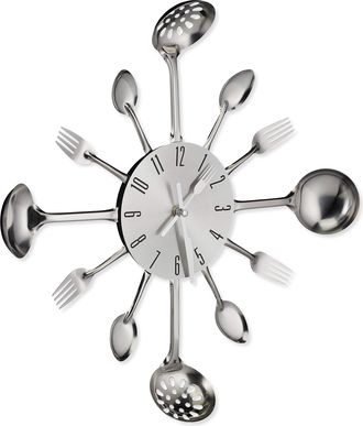 Relaxdays Wanduhr Besteck, Küchenuhr Löffel, Gabel & Kelle, Ø 40 cm, batteriebetrieben, mit Ticken, Besteckuhr, silber