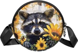 Generic Petit sac &agrave; bandouli&egrave;re circulaire pour femme, motif tournesol raton laveur avec fermeture &eacute;clair, bretelles r&eacute;glables, sac &agrave; main rond d&eacute;contract&eacute; po