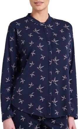 Schiesser Damen Schlafshirt Langarm Pyjamaoberteil, blaugemustert, 42