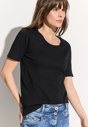 Cecil T-Shirt CECIL Style Lena, Damen, Gr. XXL (46), schwarz, Jersey, Obermaterial: 100% Baumwolle, unifarben, k&ouml;rpernah h&uuml;ftlang, Rundhals, abgestepptes B&uuml;