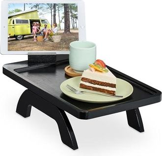 Relaxdays Sofatablett, Armlehne, Bambus, mit Handyhalterung, HxBxT: 12 x 40,5 x 25 cm, Sofaablage Getränke, schwarz