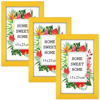 MG Design Set aus 3 Gelb Bilderrahmen 15 x 23 cm - Aus echtem Holz mit Acrylglas, zum Aufh&auml;ngen & Aufstellen, f&uuml;r Fotos, Poster & Puzzle