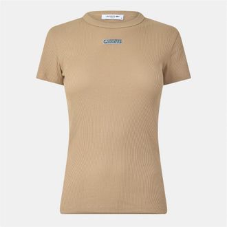 Lacoste T-Shirt f&uuml;r Damen, Rundhalsausschnitt, gerippt, Schmal (Beige)