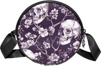 Generic Petit sac &agrave; bandouli&egrave;re circulaire pour femme, motif cr&acirc;nes, fleurs, petit sac &agrave; bandouli&egrave;re avec fermeture &eacute;clair, bretelles r&eacute;glables, sac &agrave; main ro