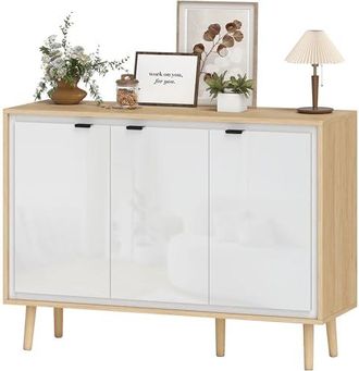 HOMCOM Buffet &agrave; Haute Brillance, Meuble de Rangement avec 3 Portes, &eacute;tag&egrave;res r&eacute;glables, Pieds en Bois, Style Moderne, Buffet Salle &agrave; Manger, Cuisine et Salon