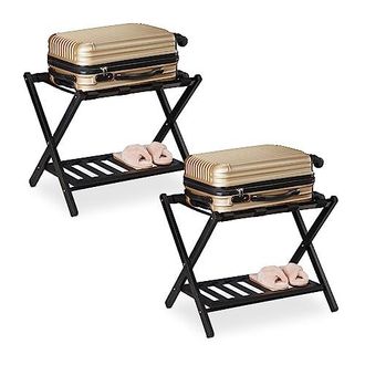 Relaxdays Kofferst&auml;nder klappbar, 2er Set, Holz, HxBxT: 54 x 66 x 45 cm, 2 Ablagen, Kofferaufbewahrung Hotel, schwarz