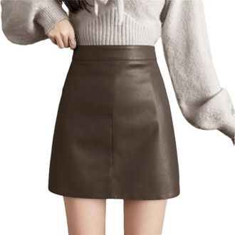 Generic Jupe dhiver en cuir pour femmes et filles, taille haute, style universitaire, mini jupe portefeuille en polyur&eacute;thane, marron, S