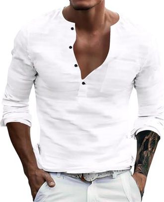 Generic T-shirt &agrave; manches longues pour homme - Style vintage - En coton - Grandes tailles - Col montant - Chemise de plage - Col rond - Chemise d&eacute;t&eacute; &eacute;l&eacute;gante 