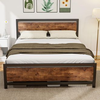 HOMCOM Doppelbettrahmen 200 x 160 cm aus Stahl mit Lattenrost und Kopfteil kompatibel mit Matratze in dunkler Holzoptik