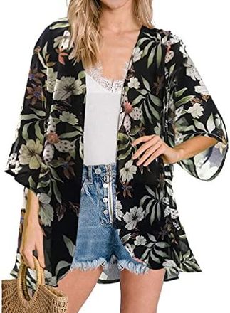 Minetom Femmes Gilet Kimono Casual Veste Cardigan en Mousseline de Soie Été Imprimé Floral Plage Outwear Pareo Tops Maillot de Bain Bikini Cover Up Style 16 X