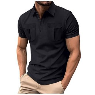 Generic Polo d&eacute;t&eacute; pour homme - Avec bouton et revers - Double poche - Couleur unie - Manches courtes - D&eacute;contract&eacute;, Noir, 3XL